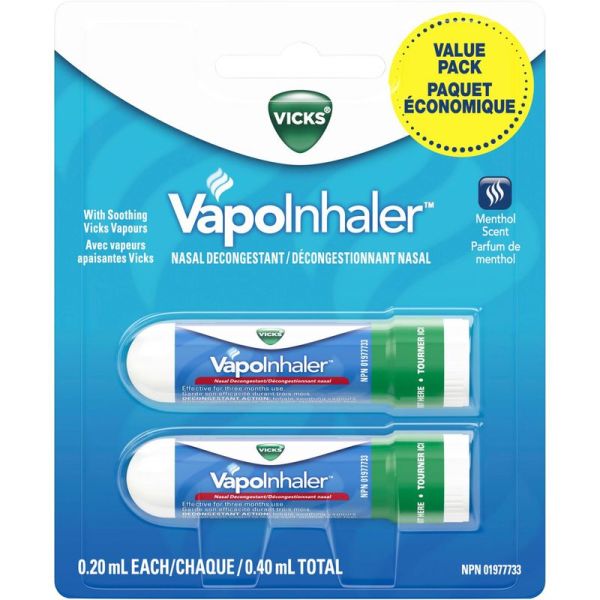 Vicks VapoInhaler Nasal Decongestant, Menthol Scent, Pack of 2 - CTC Health