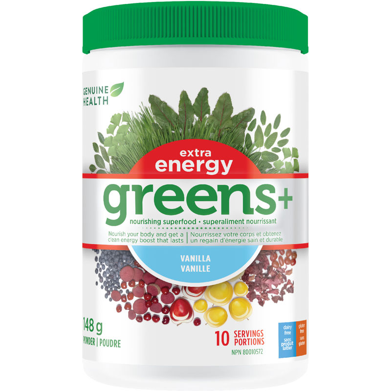 Genuine Health Greens+ Extra Energy Superfood Powder, Vanilla 148 g ...