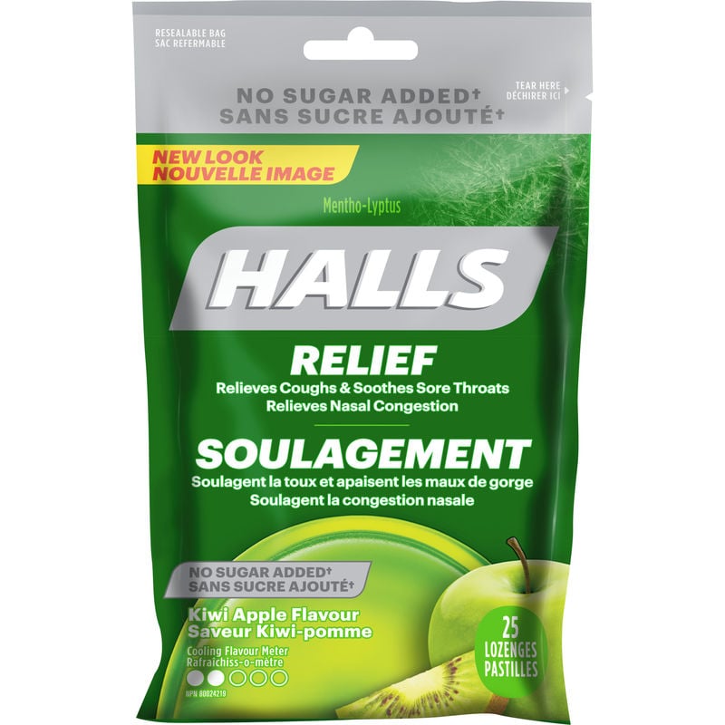 Halls Relief Mentho-Lyptus Kiwi Apple Flavour Cough Drops, 25 Count ...