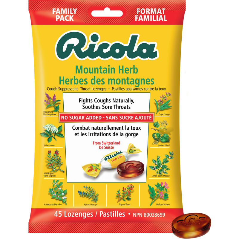 Ricola Mountain Herb No Sugar Added Family Bag Cough Suppressant Throat ...