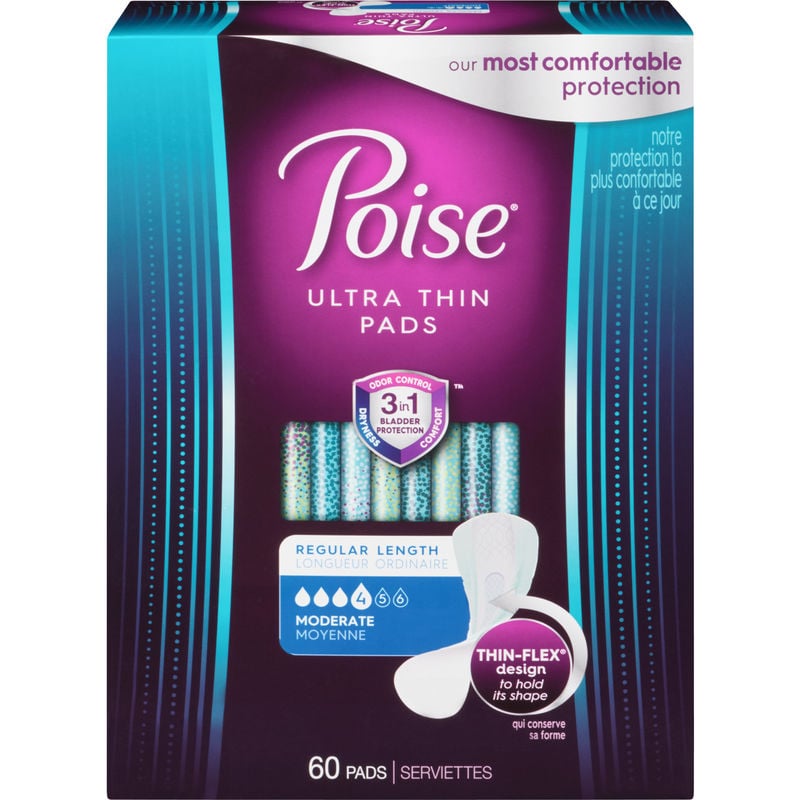 Poise Ultra Thin Incontinence Pads, Moderate Absorbency, Regular Length ...