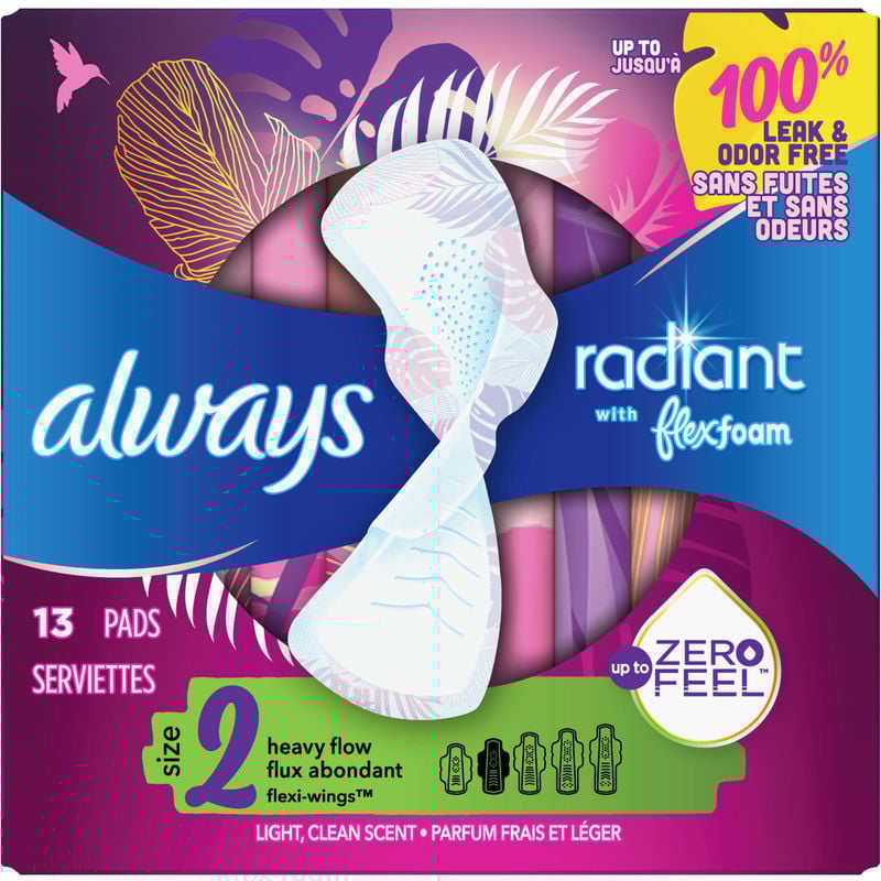 Always Radiant Pads, Size 2, Heavy Flow Absorbency, Scented, 13 Count ...