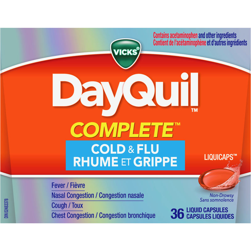 Vicks DayQuil Complete Cold & Flu Medicine, 36 Liquicaps, Maximum ...