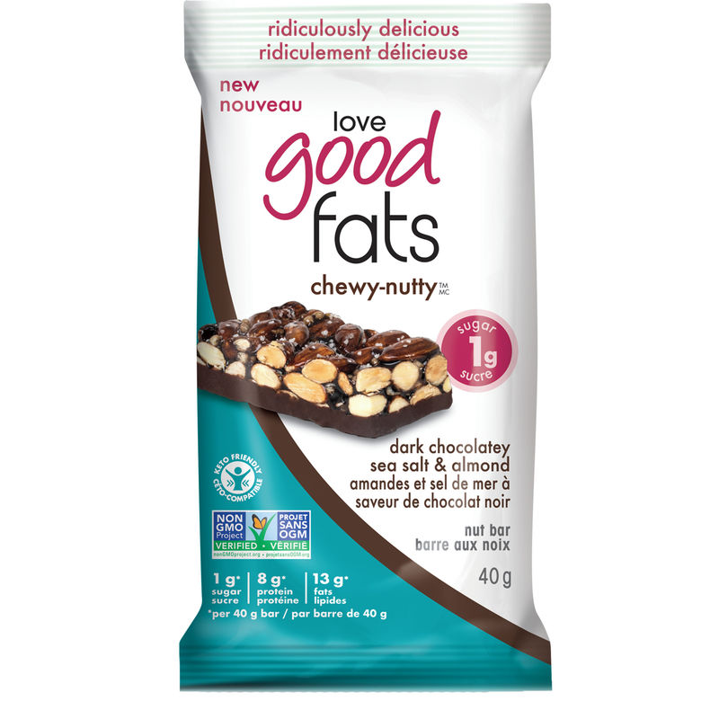 Love Good Fats Chewy Nutty Dark Chocolatey Sea Salt & Almond Bar 40g ...