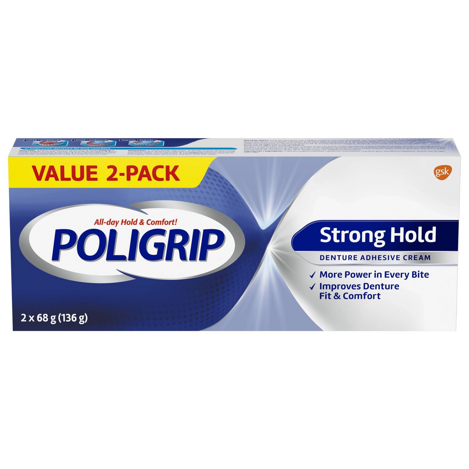 Poligrip Strong Hold Denture Adhesive Cream, Zinc Free, 2x68g Tubes ...